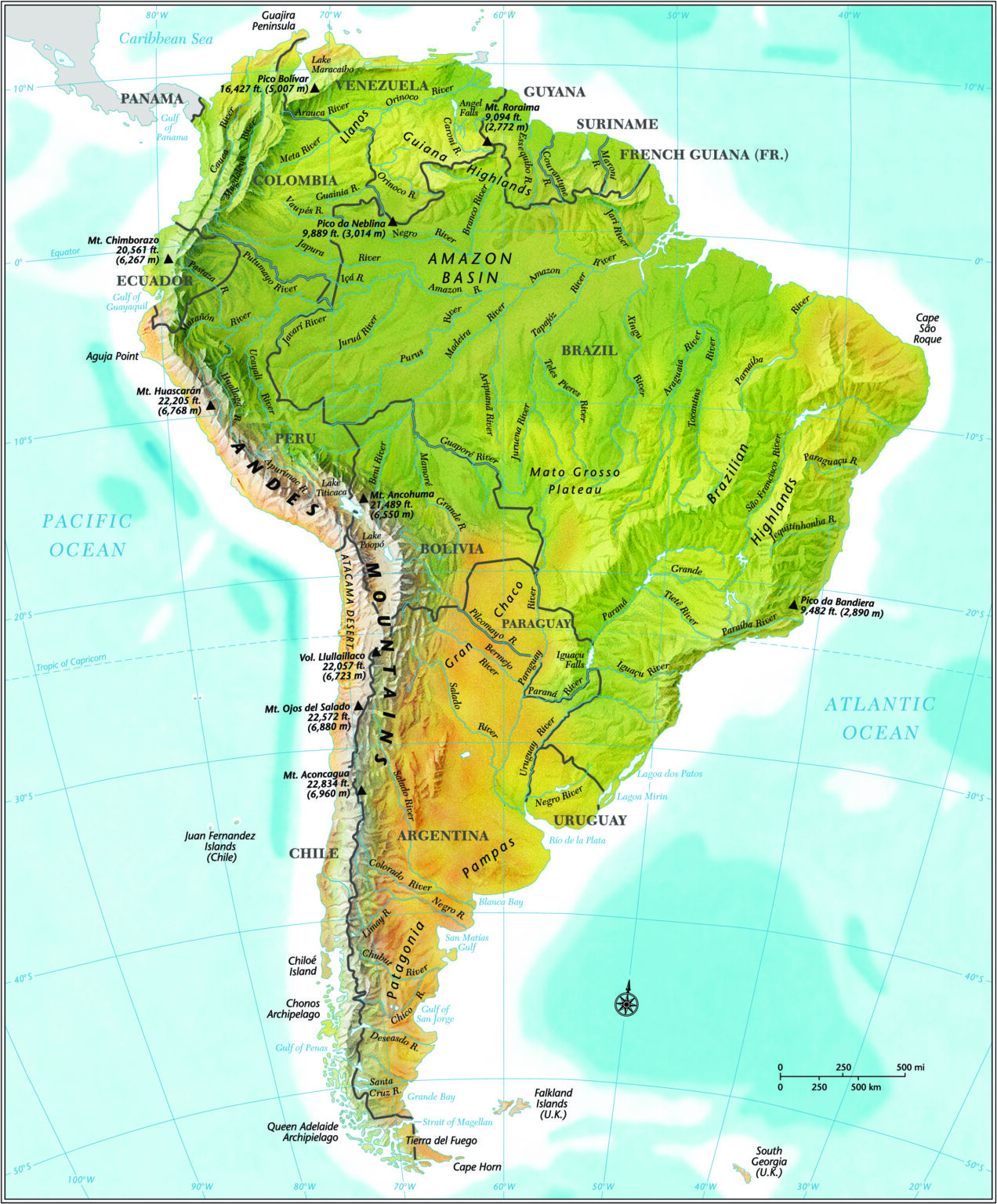 Map of South America Mountains Printable Labeled PDF