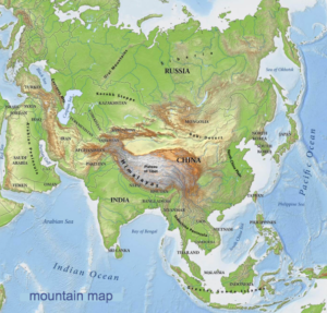 Asia Map of Mountains Range Printable PDF