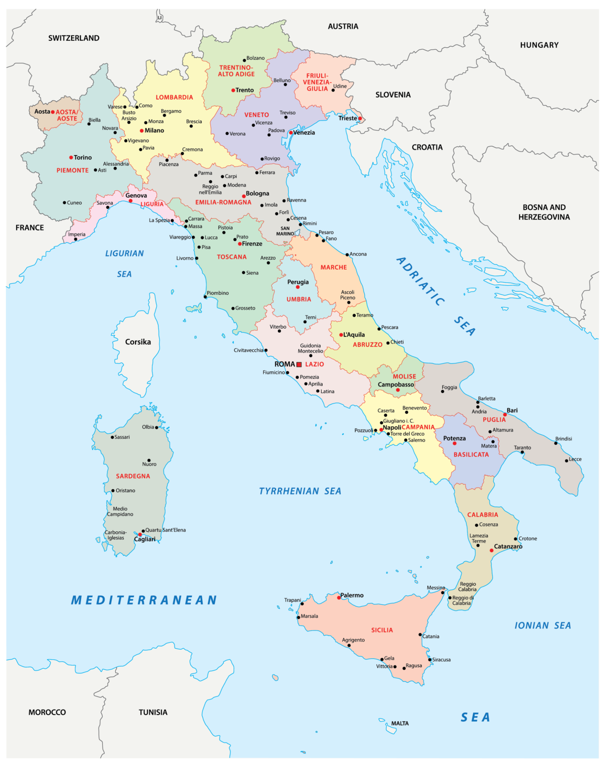 Labeled Map of Italy with Regions & Capitals
