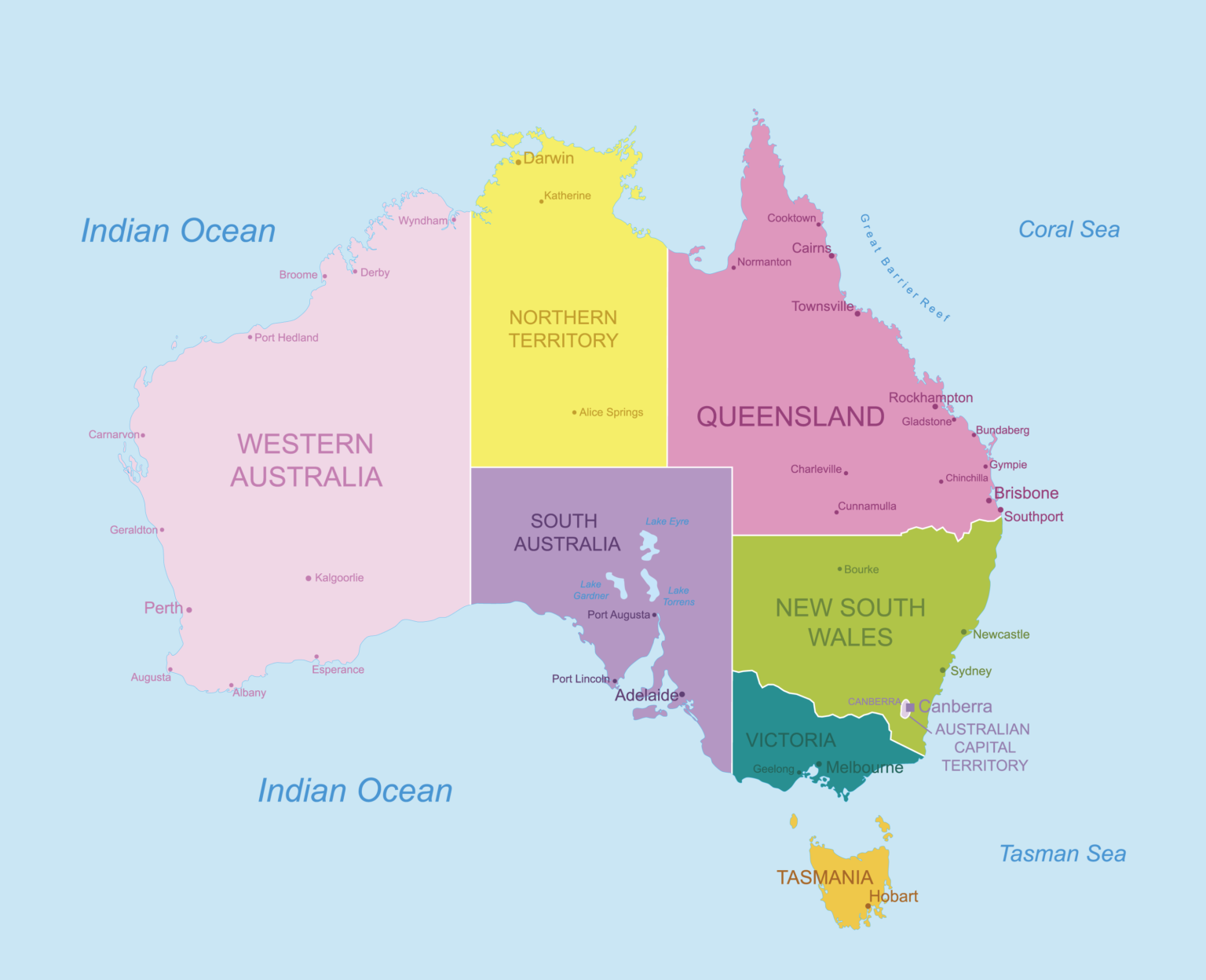 Labeled Map of Australia with States, Cities, Capitals