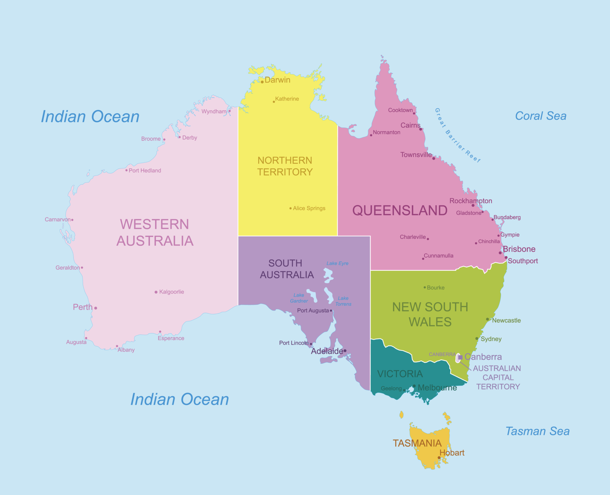Labeled Map of Australia with States, Cities, Capitals